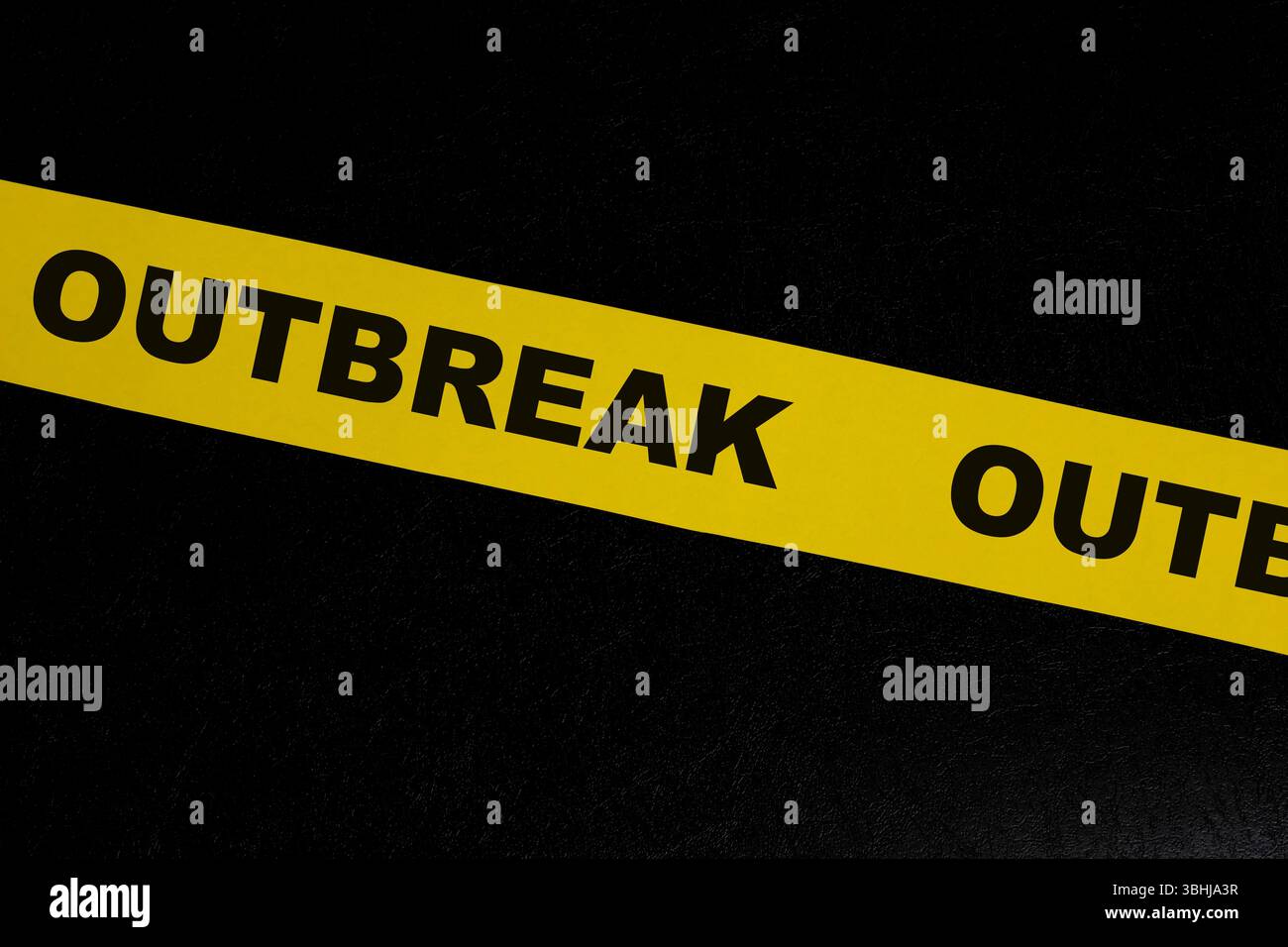 Disease outbreak warning concept. Yellow barricade tape with word in ...