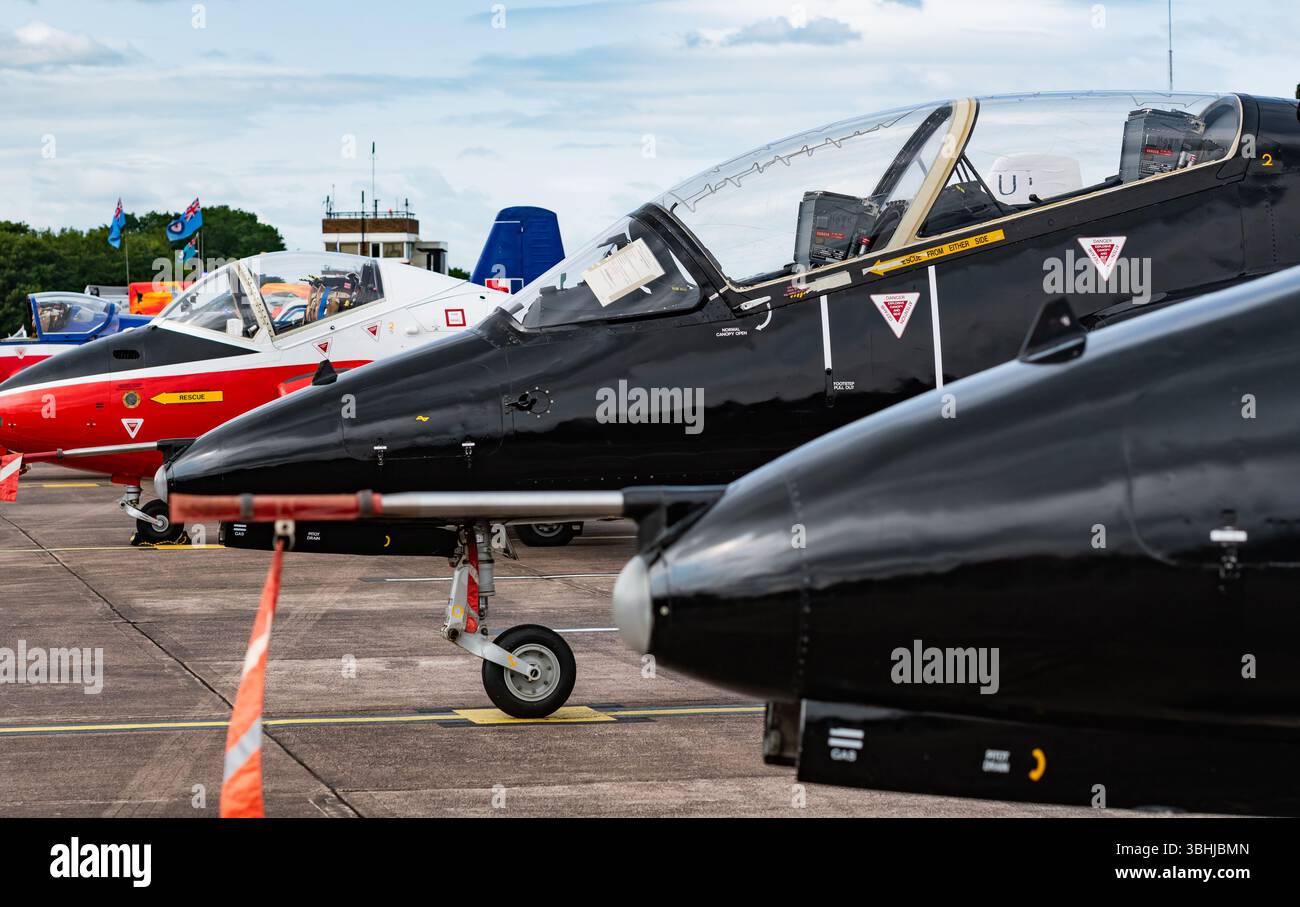 Former 208 Squadron RAF BAE Hawk T1 jet trainers seen on static display at the 2025 RAF Cosford ...