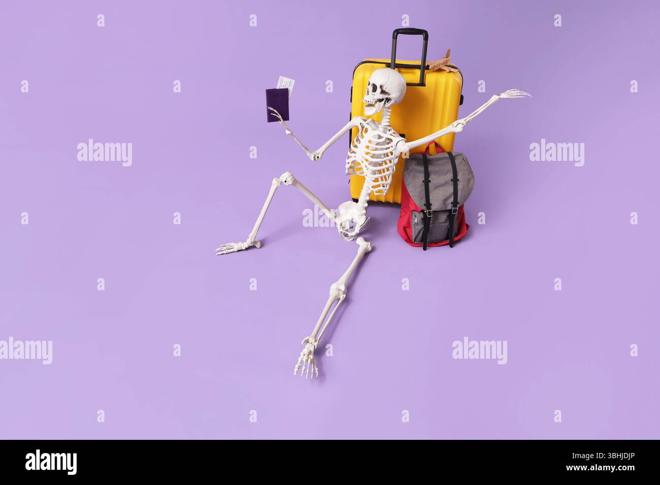 Human skeleton with passport, backpack and suitcase on lilac background ...