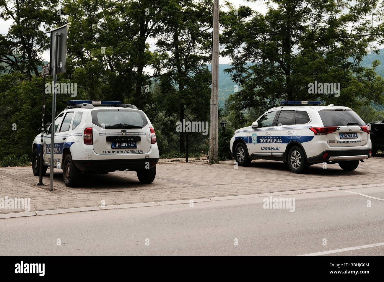 Bajina Basta, Serbia - 15 May 2025. Two Serbian border police cars ...