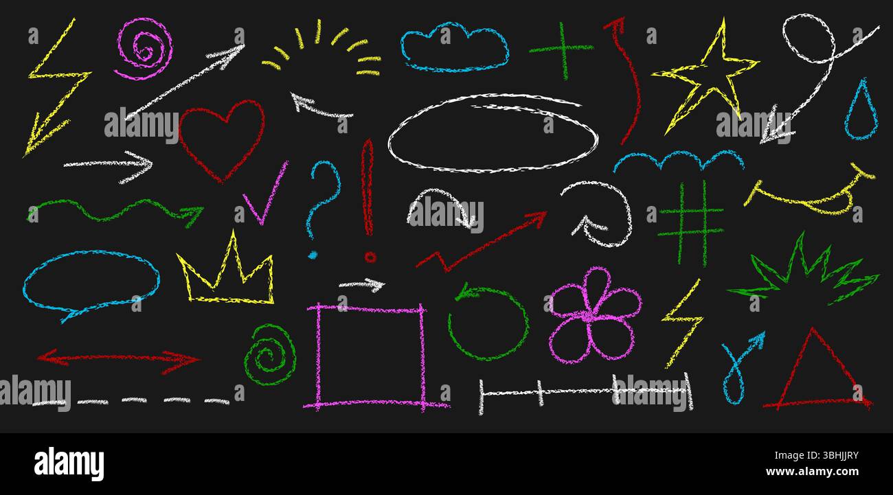 Chalk doodle hand drawn elements. Vector textured colored crayon ...