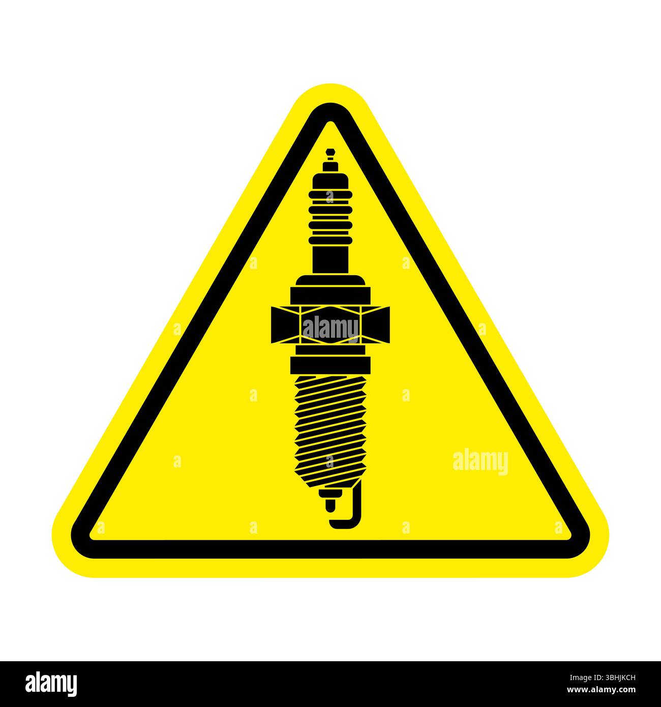 Attention Spark plug. Caution Car accessory. Yellow triangular ...