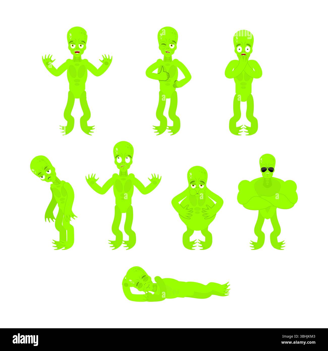 Alien movements set. UFO Sleeping and angry. Space invader green ...