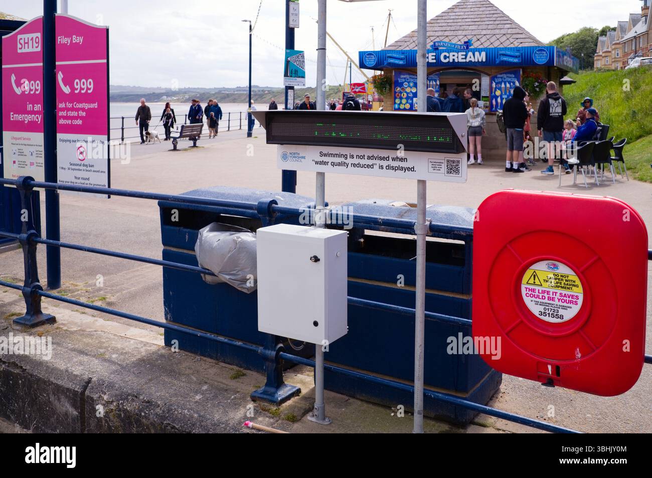 Display screen at Filey Bay indicating water quality Stock Photo - Alamy