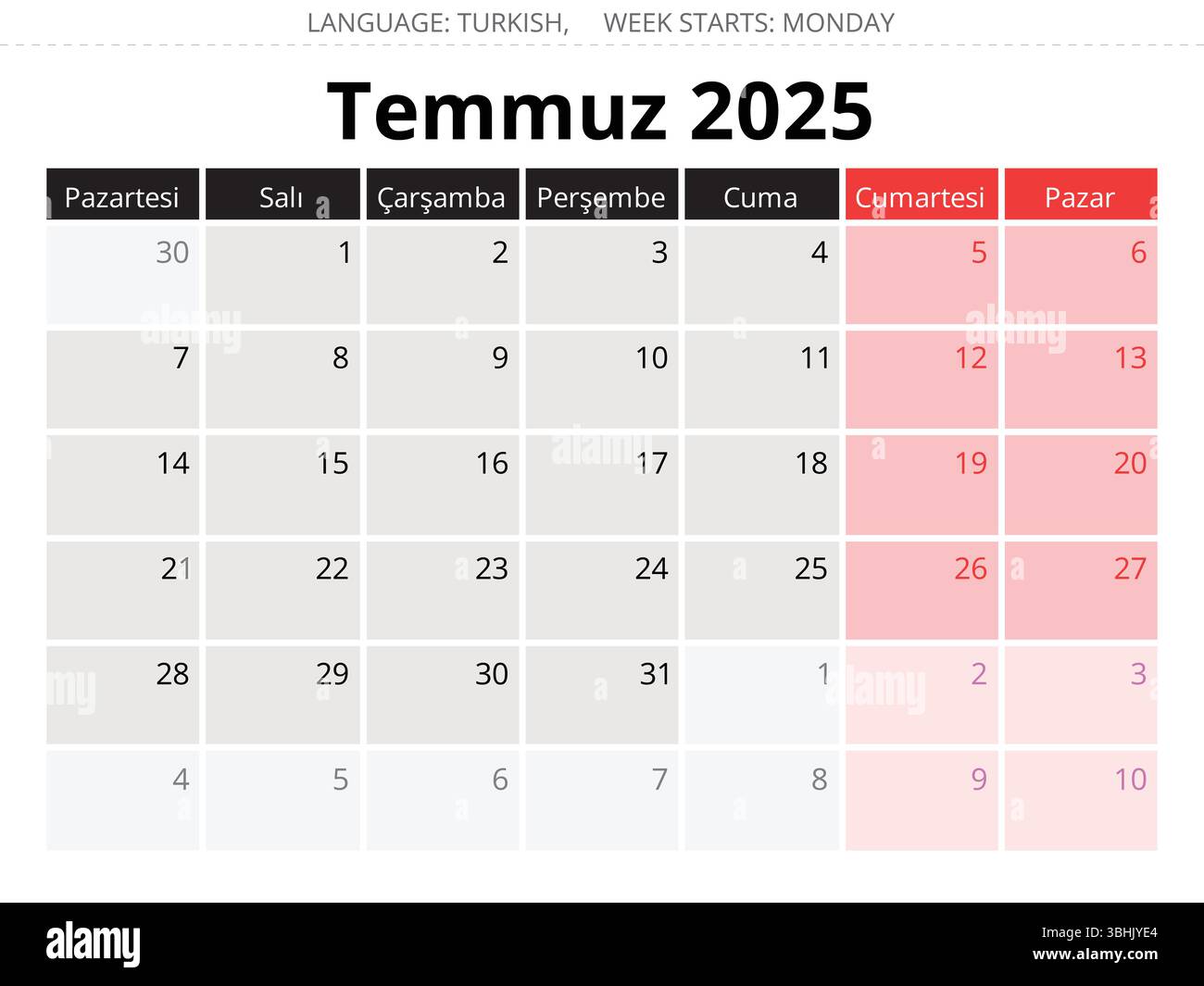 Turkish calendar for month july 2025 - takvim temmuz. For Turkey Stock ...