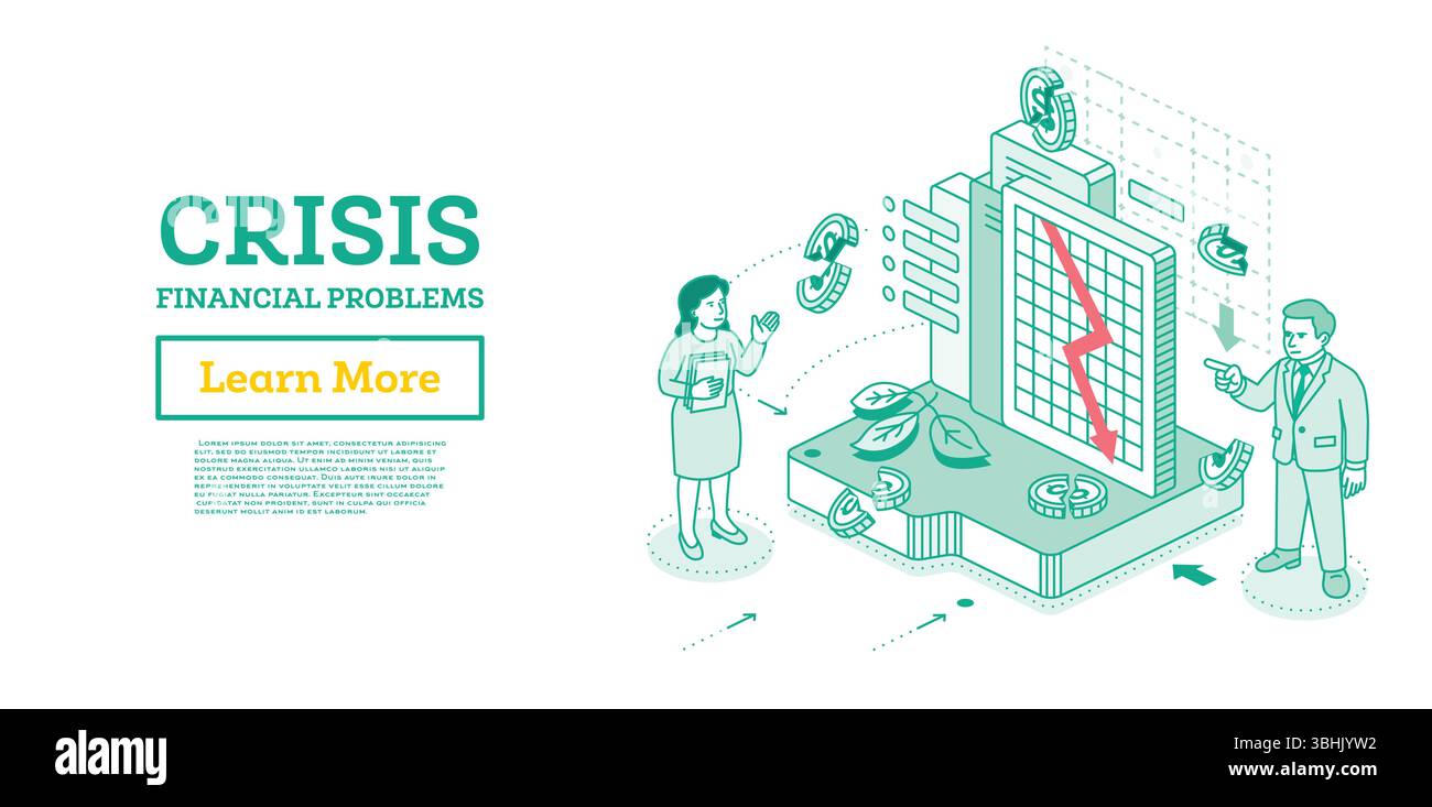 Economic crisis. Isometric outline illustration. Man and woman discuss ...