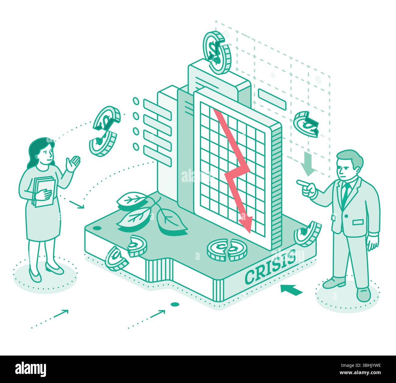Economic crisis. Isometric outline illustration. Man and woman discuss falling chart and broken ...