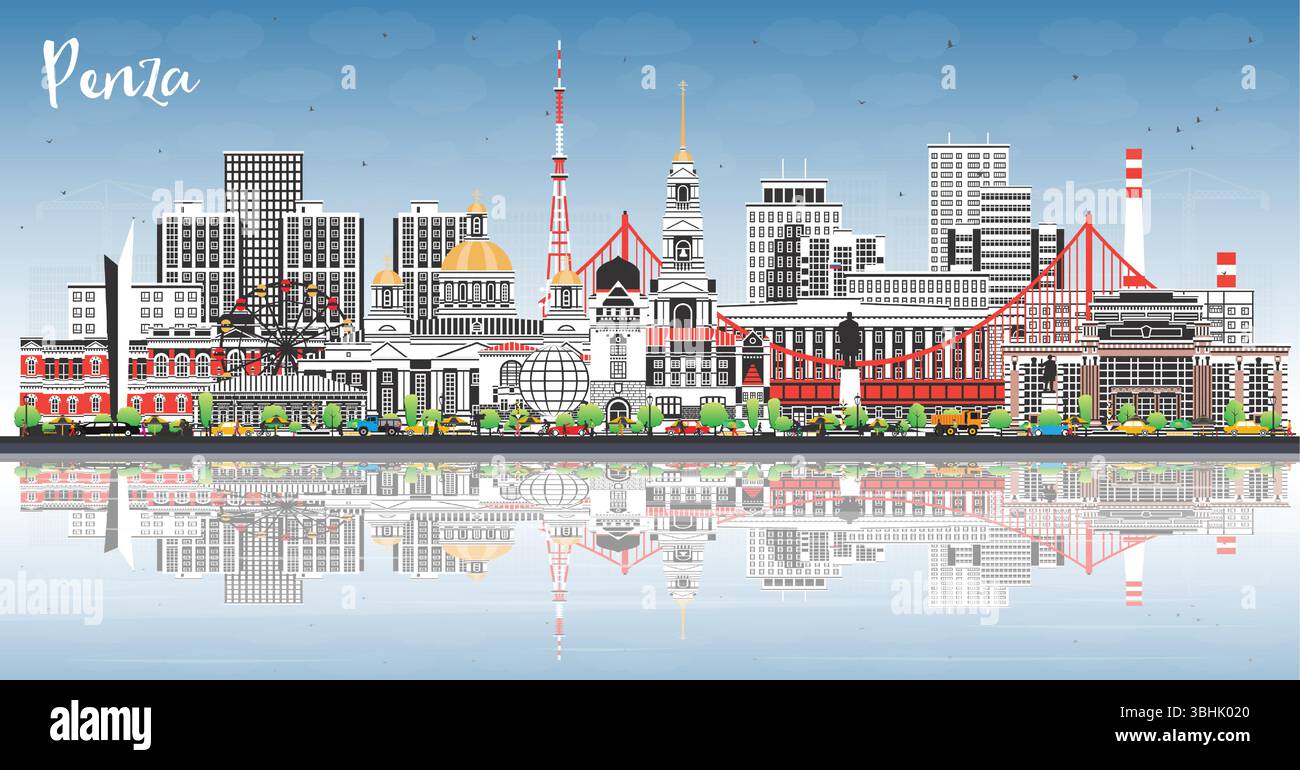 Penza Russia city skyline with color buildings, blue sky and ...