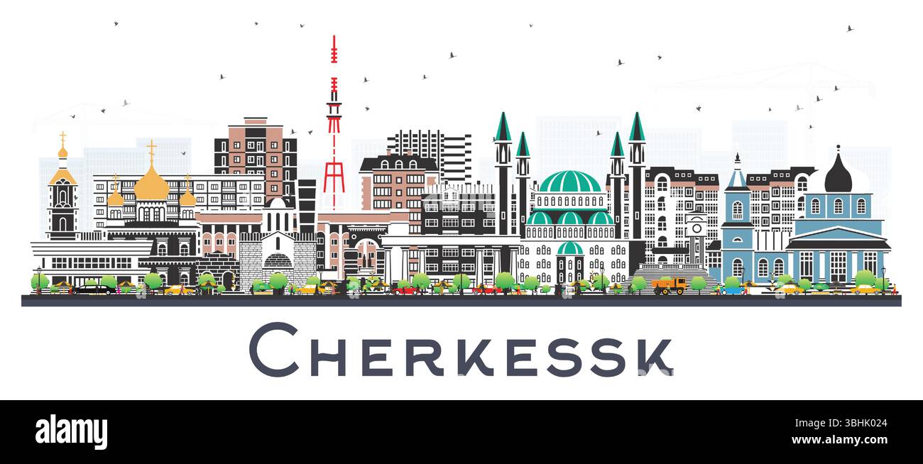 Cherkessk Russia city skyline with color buildings isolated on white ...