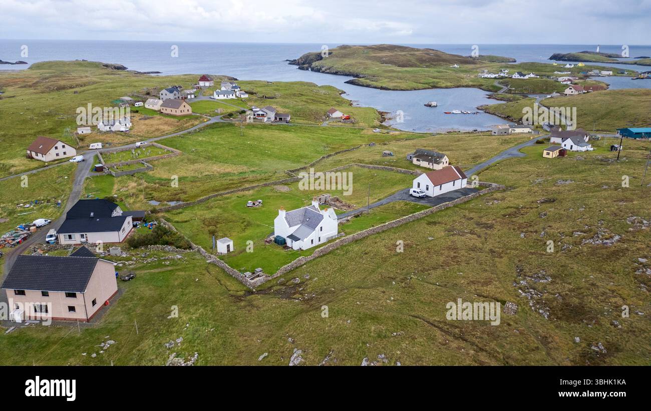 Aerial views of the remote Out Skerries islands off the east coast of ...