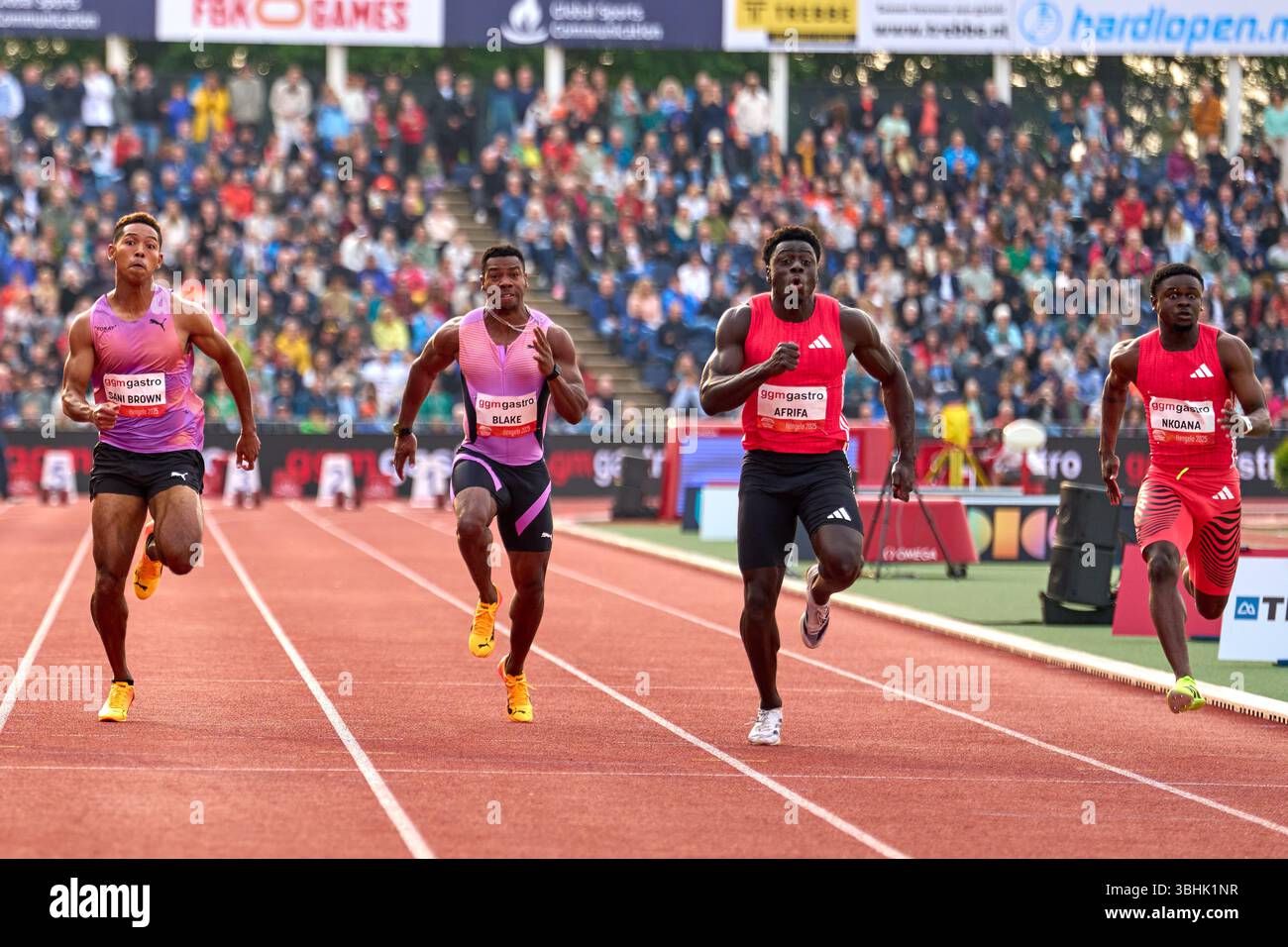 HENGELO , NETHERLANDS - JUNE 9: Elvis Afrifa (NL), Yohan Blake (JAM), Sani Brown (JPN), Benjamin ...