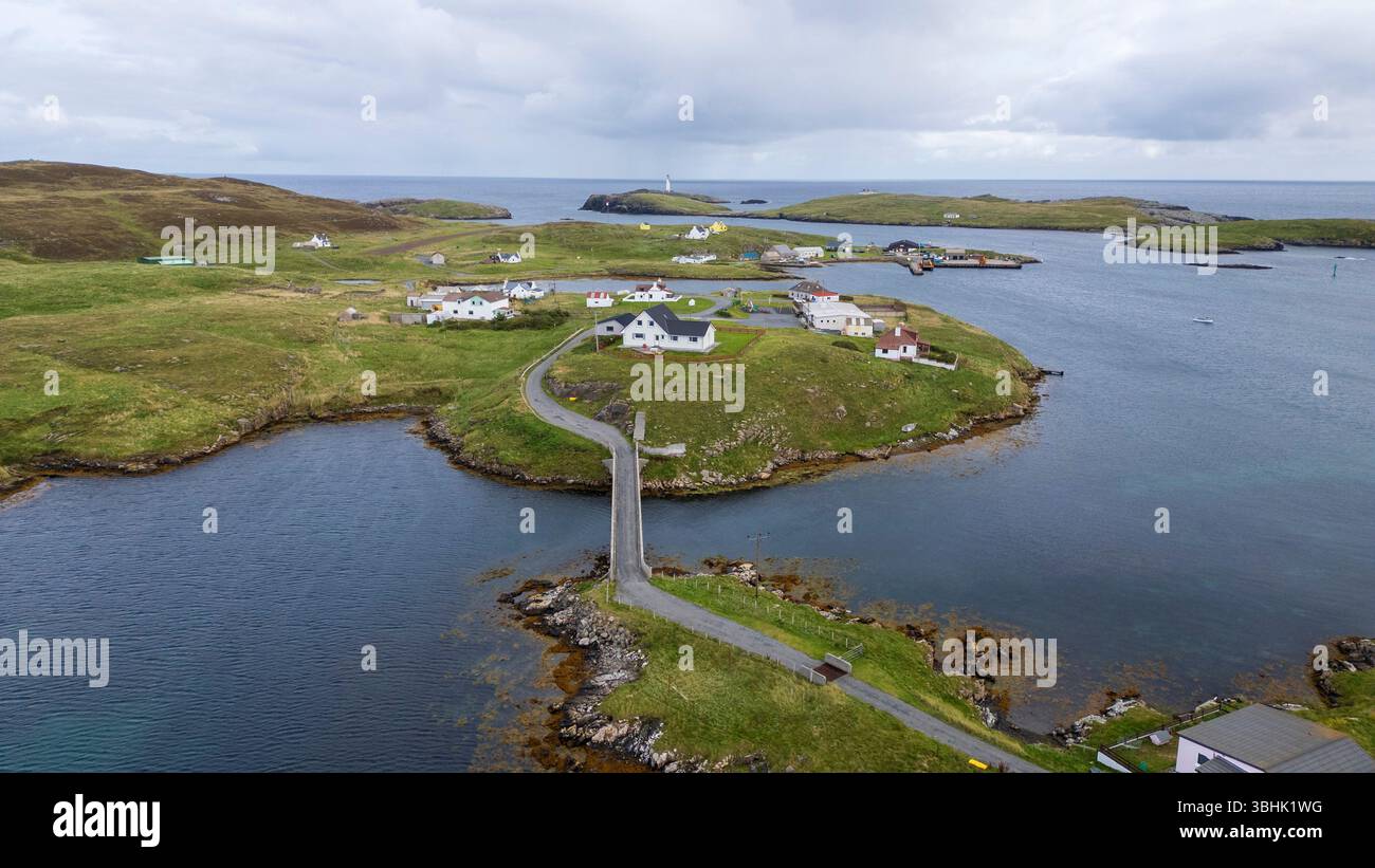 Aerial views of the remote Out Skerries islands off the east coast of ...
