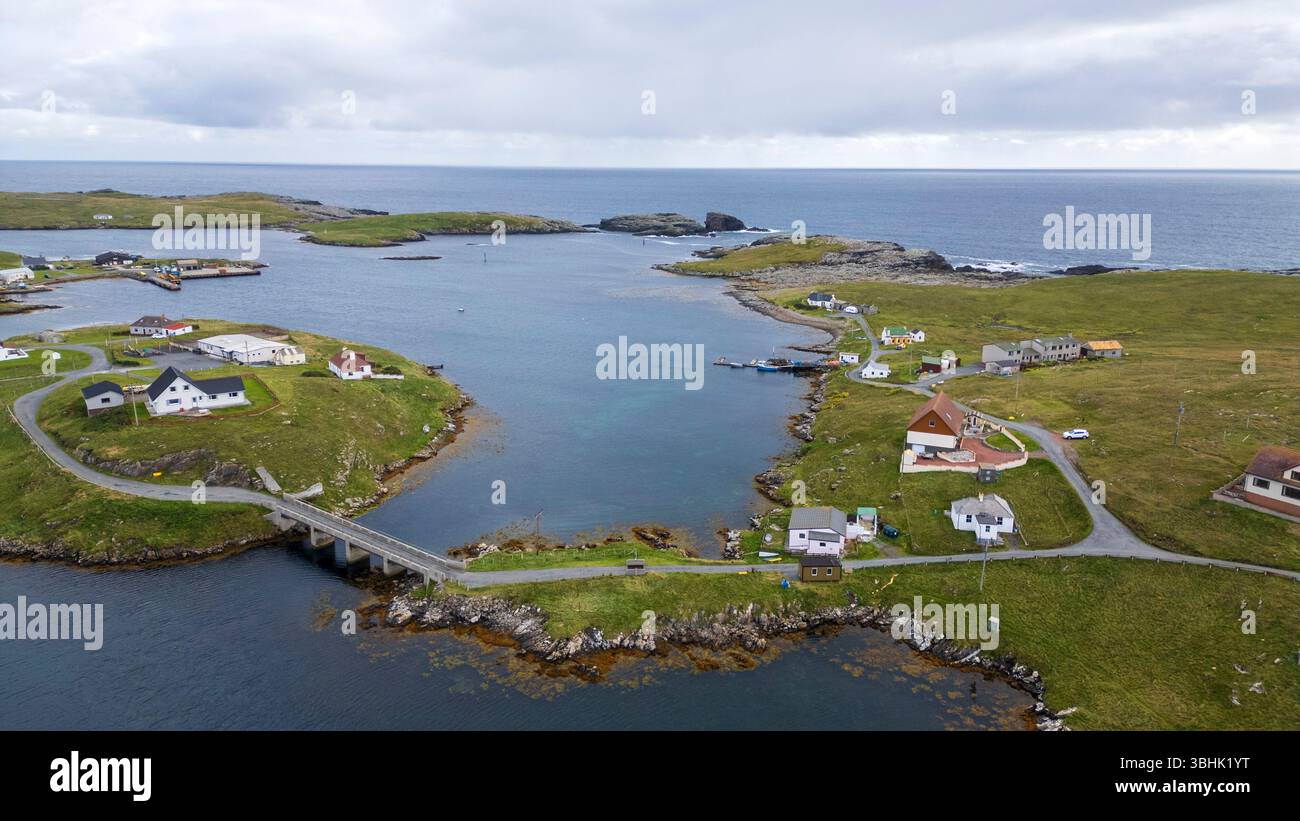 Aerial views of the remote Out Skerries islands off the east coast of ...