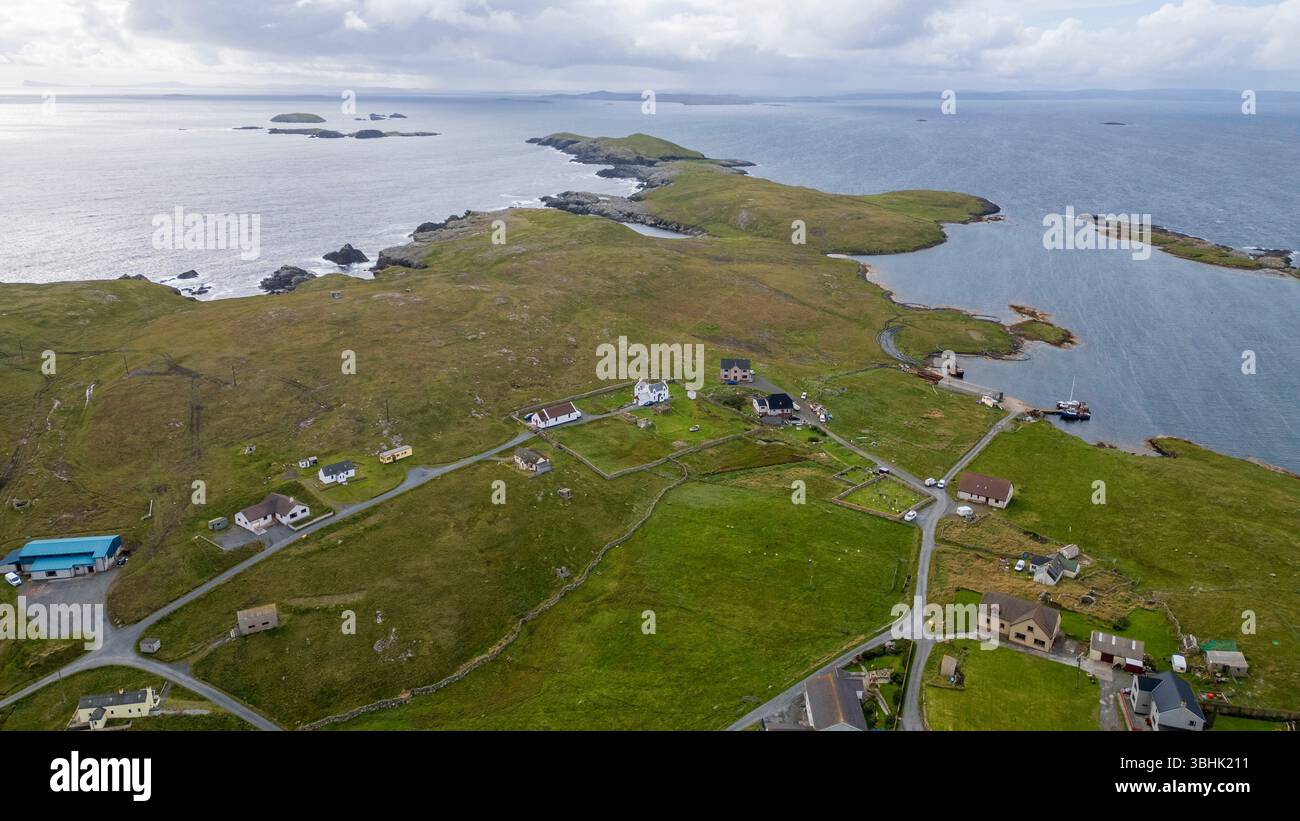 Aerial views of the remote Out Skerries islands off the east coast of ...