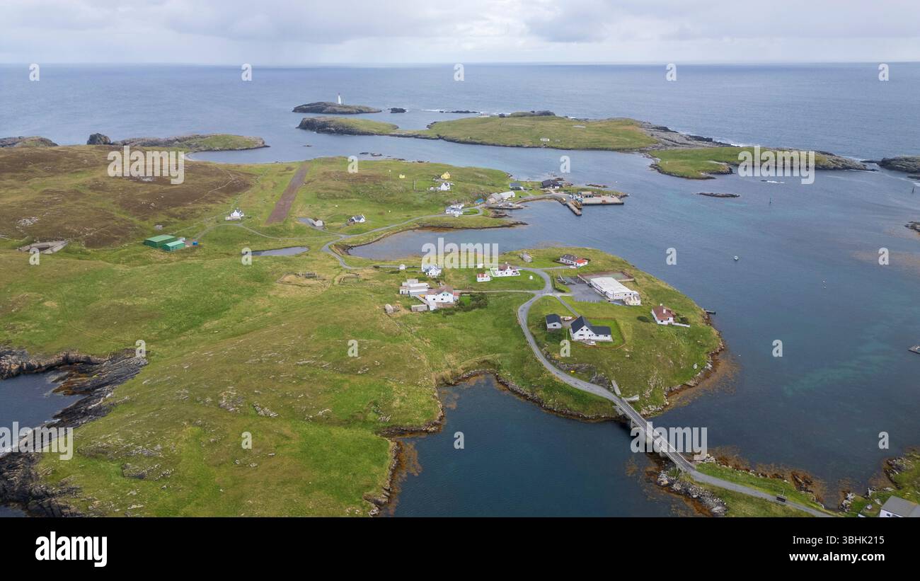 Aerial views of the remote Out Skerries islands off the east coast of ...