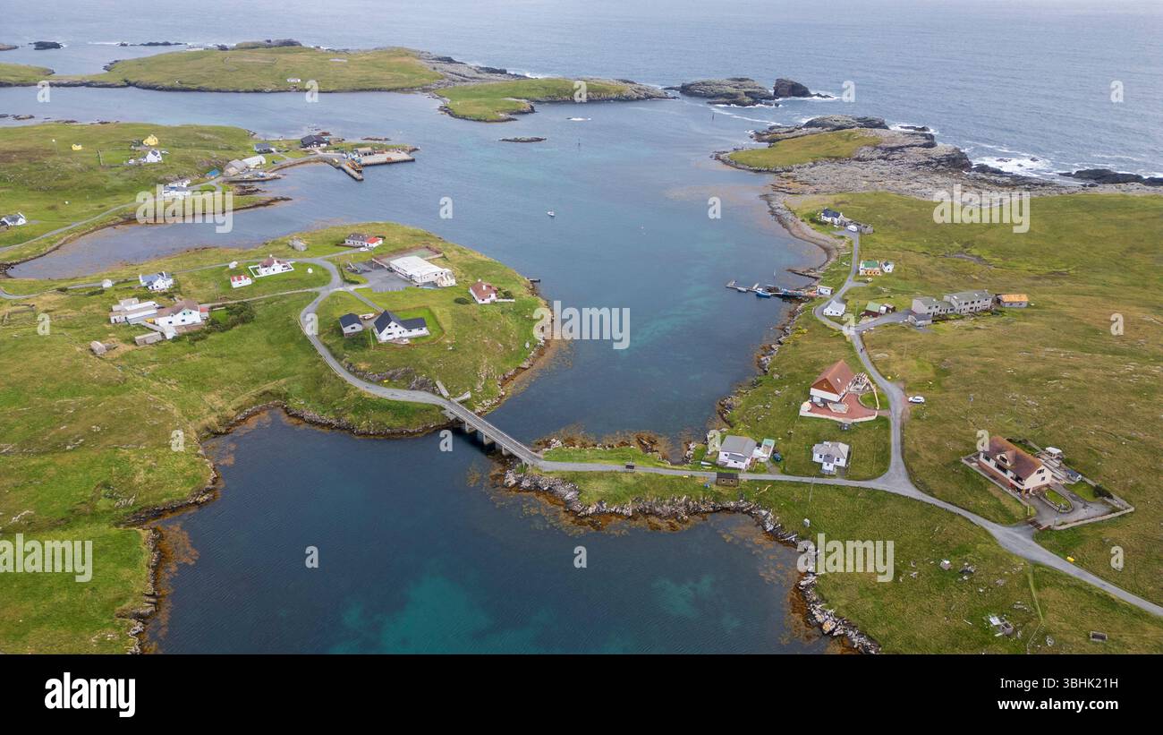 Aerial views of the remote Out Skerries islands off the east coast of ...