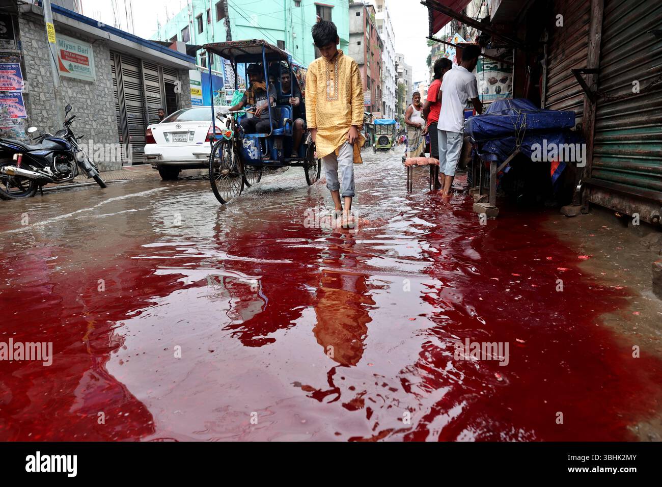 Dhaka, Bangladesh - June 07, 2025: The blood of animal sacrifices mixed ...