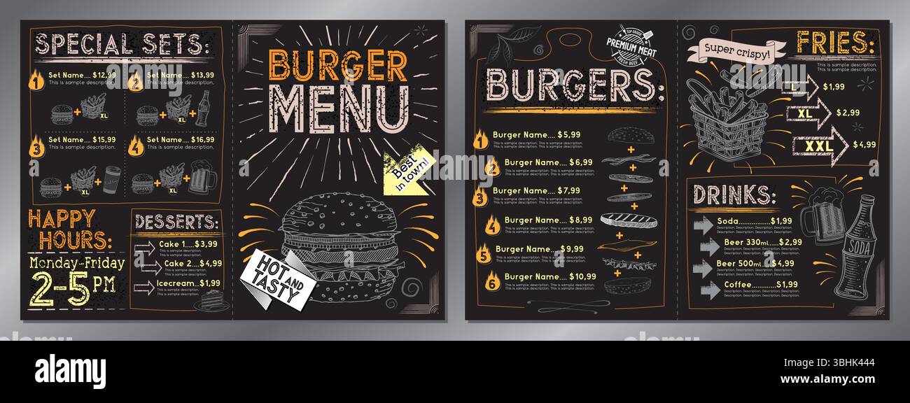 Vintage burger restaurant menu template - A4 card (burgers, french ...