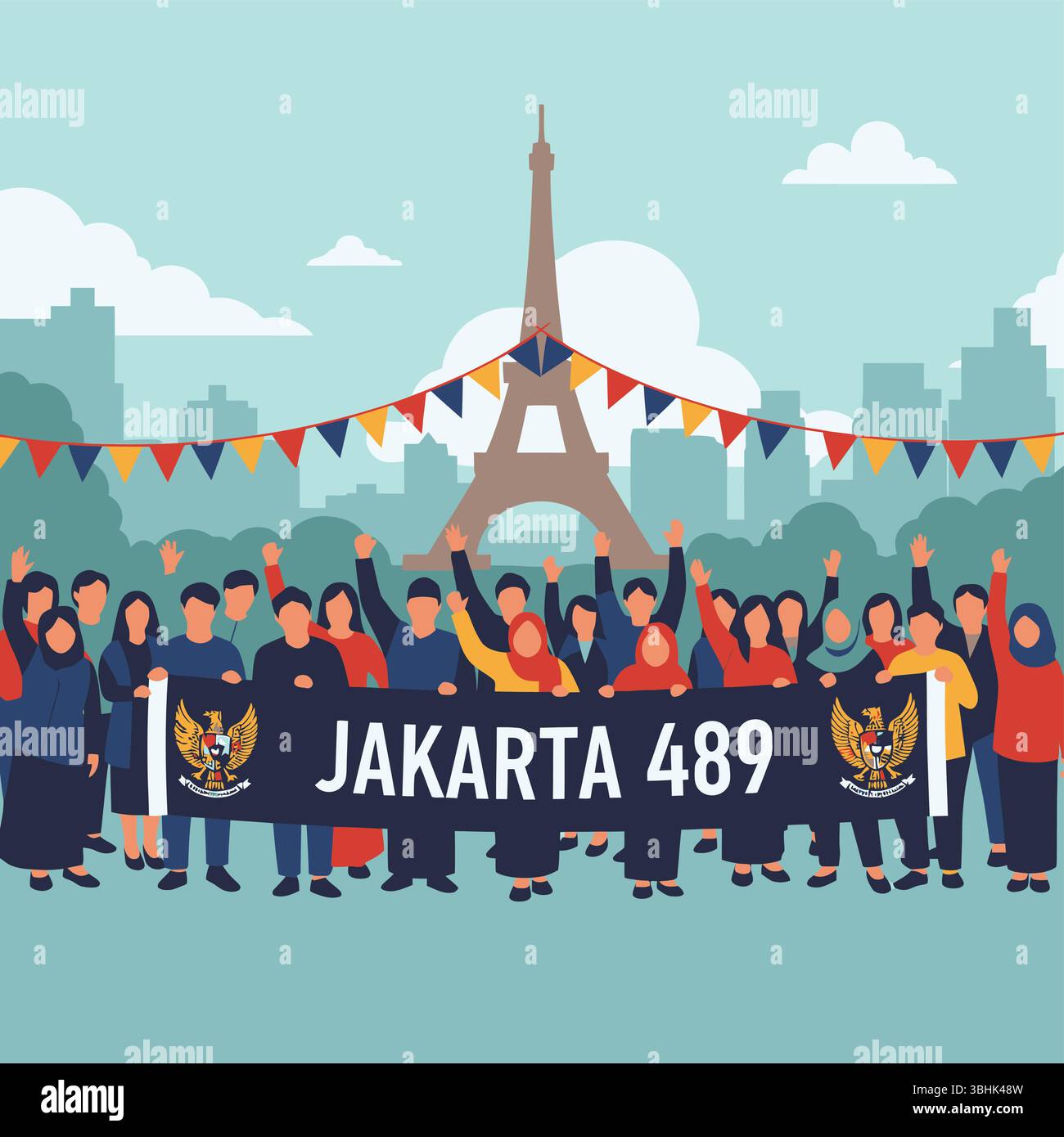 A large group of people celebrating Jakarta 489, with the Eiffel Tower ...