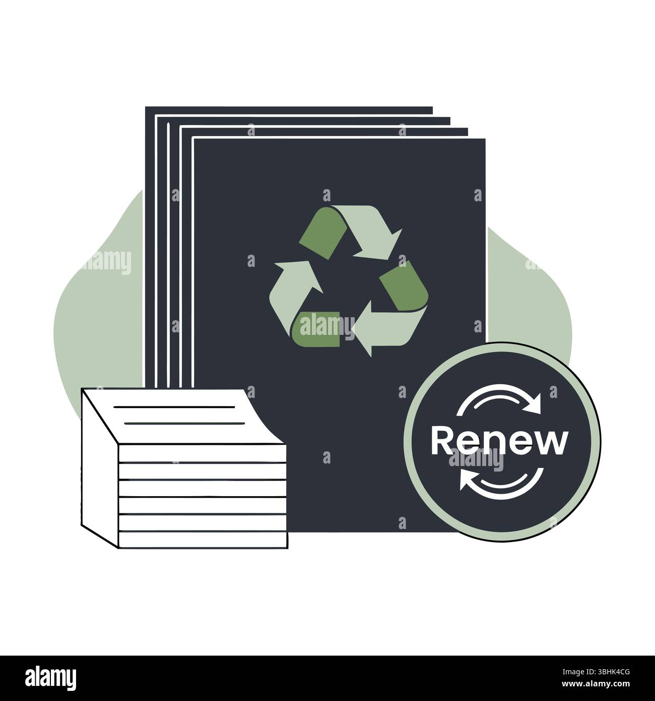 A graphic illustration of recycling and renewal. Stacked paper with a ...