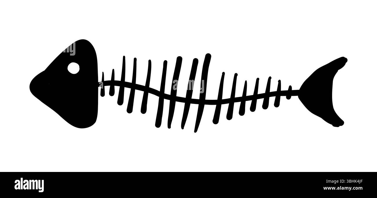 Fish bone icon fishbone skeleton silhouette. Cartoon fish bones, tail and head. Simple fossil ...