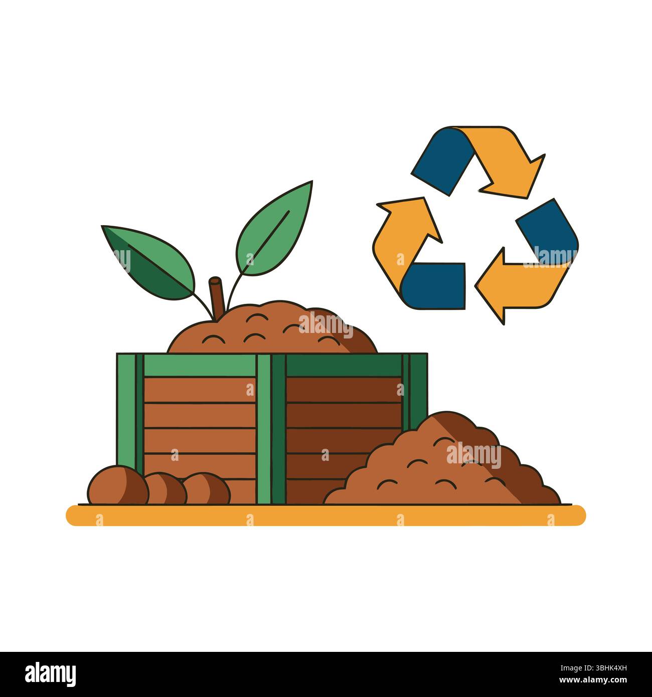 A compost bin with a sprout, soil, and a recycling symbol, illustrating ...