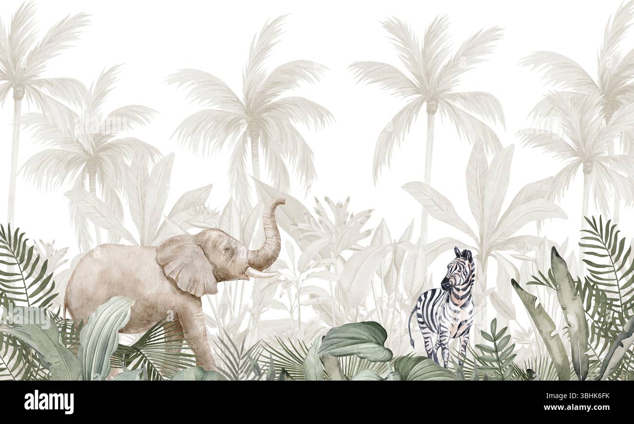 Subtle Safari Wallpaper: Elephant and Zebra in Muted Gray Jungle Stock ...