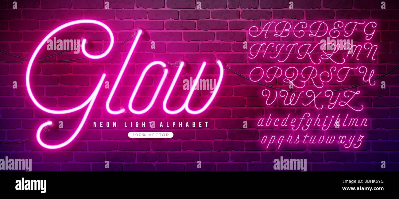 Glowing Neon Light Alphabet with Cable and Shadow on Vintage Brick Wall ...