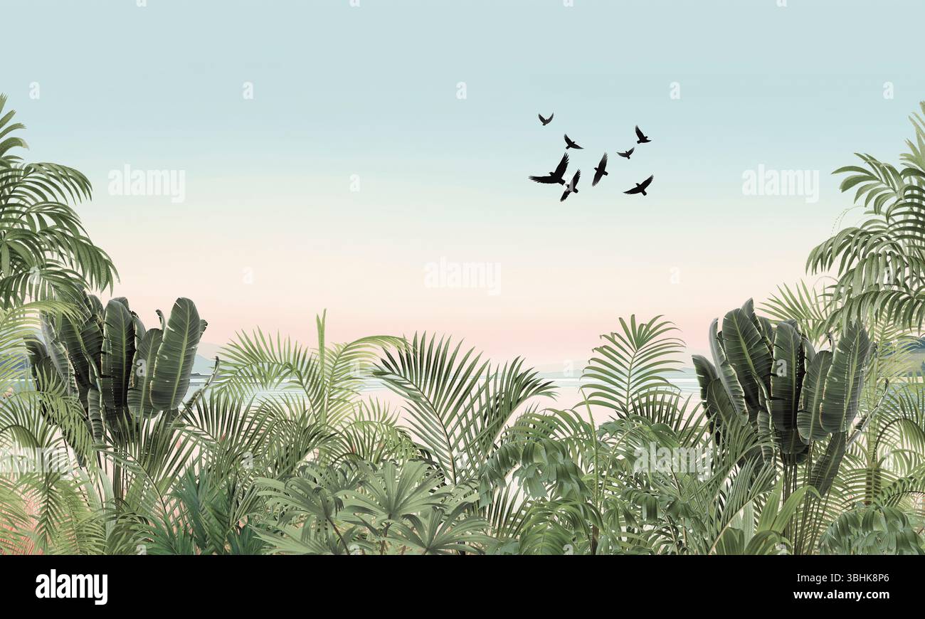 Subtle Nature Wall Mural: Faded Green Foliage, Palms, Pastel Horizon ...