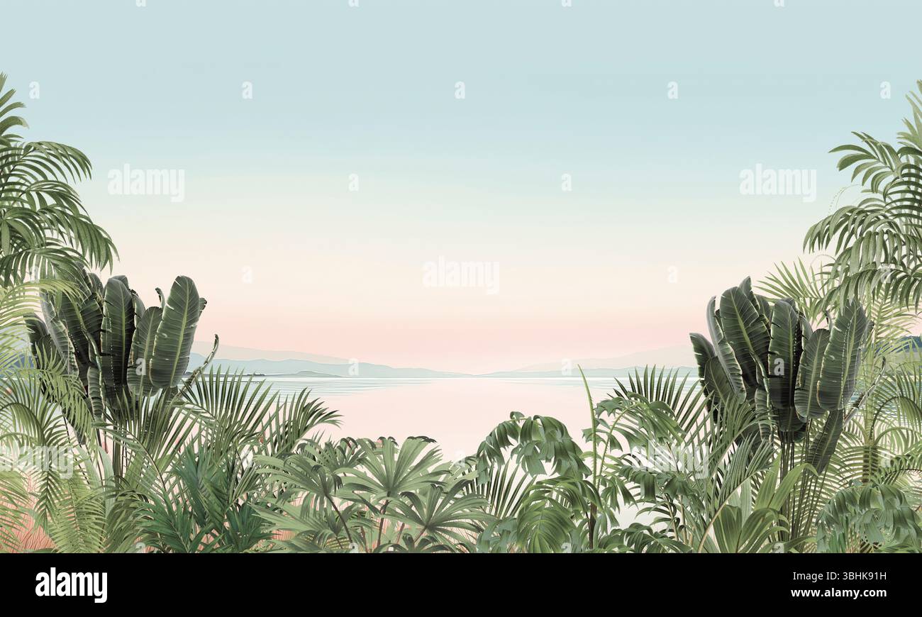 Calm Nature Wall Mural: Faded Green Foliage & Flying Birds in Tranquil ...