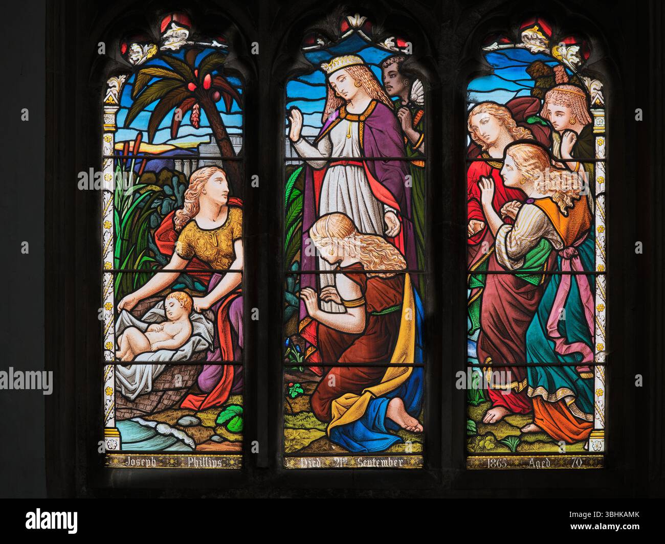 Stained-glass window (of the baby Moses discovered by Pharaoh's ...