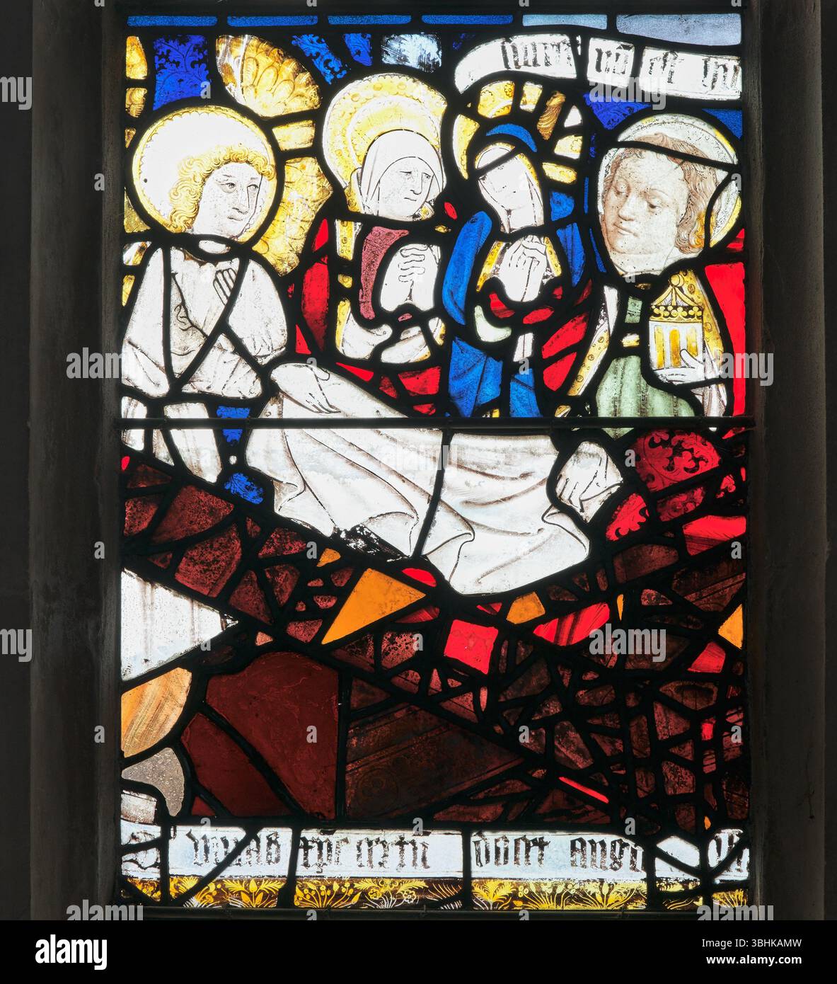 Medieval stained-glass window, of the burial of Jesus Christ, in St ...