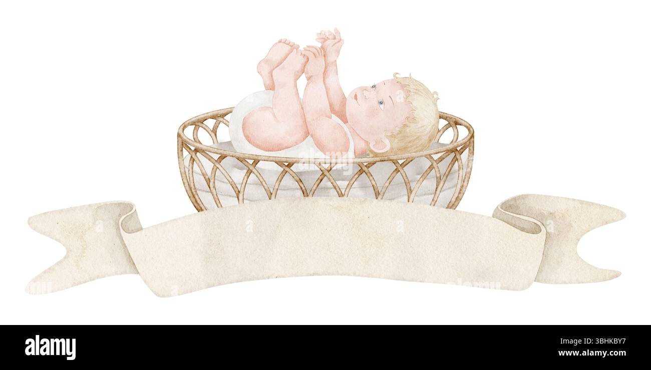 Watercolor illustration of a baby lying in a crib with blank ribbon ...