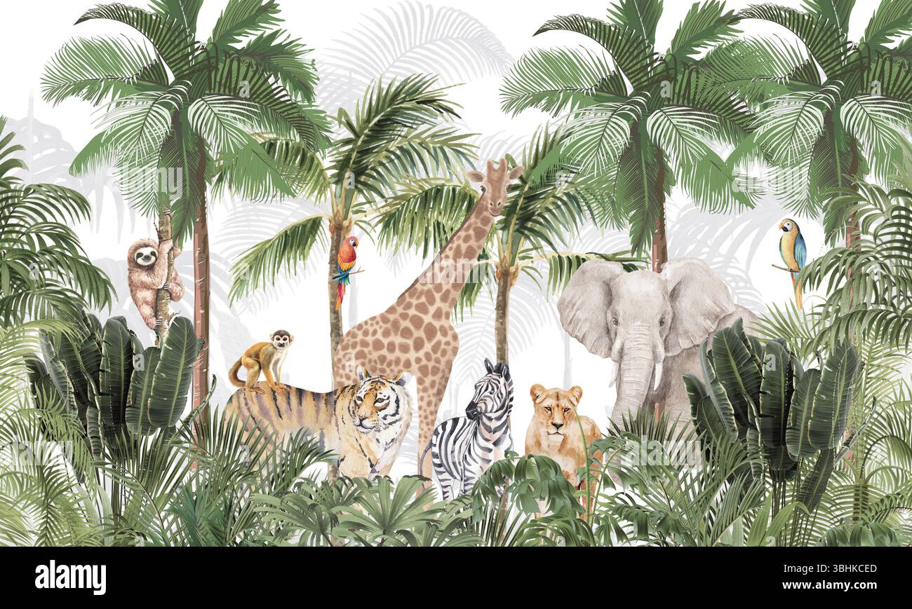 Minimalist Wildlife Mural: Gentle Giraffe, Tiger, Zebra, Birds in Soft ...