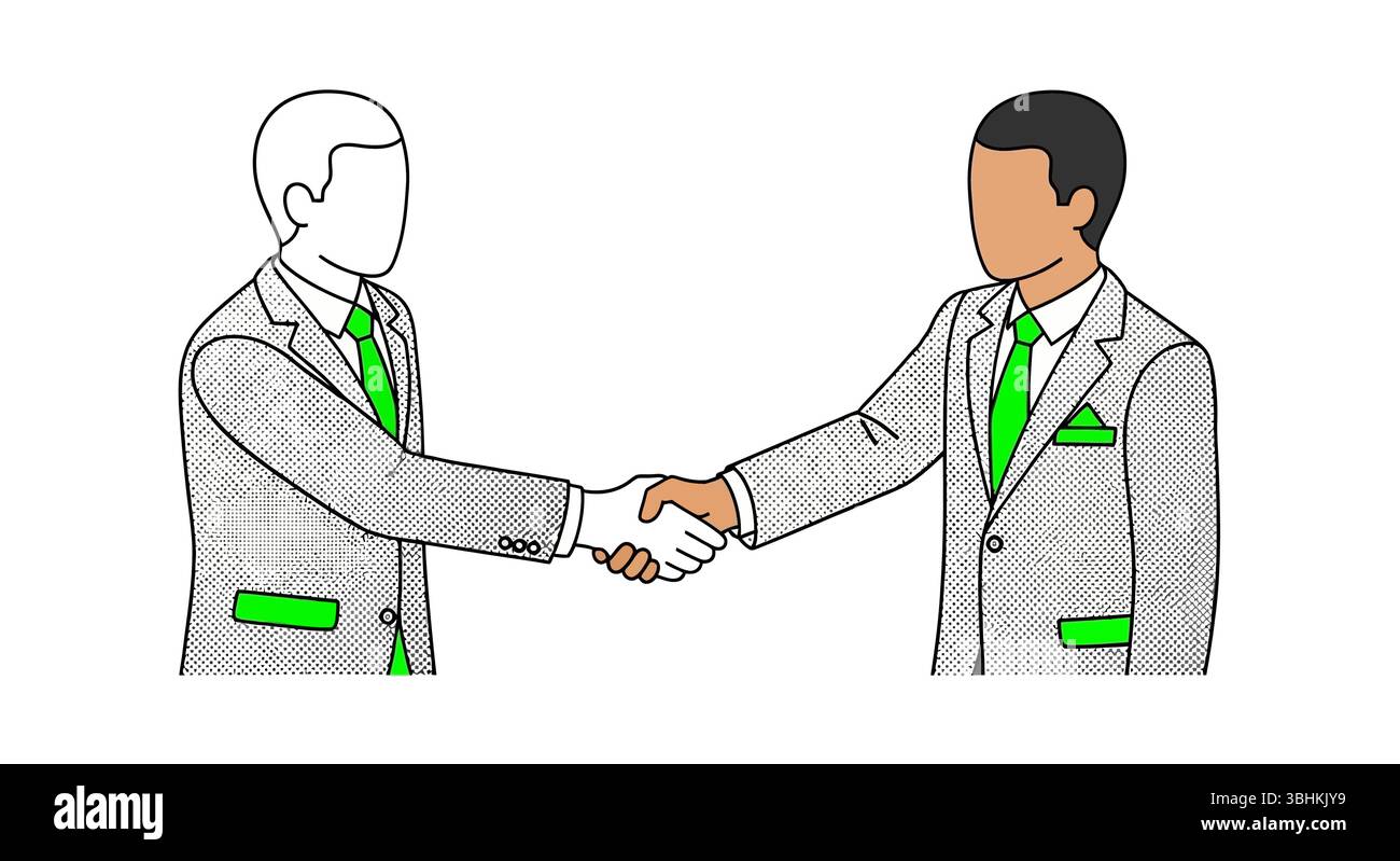 Diverse businessmen shaking hands to close a deal. Modern line art vector illustration ...