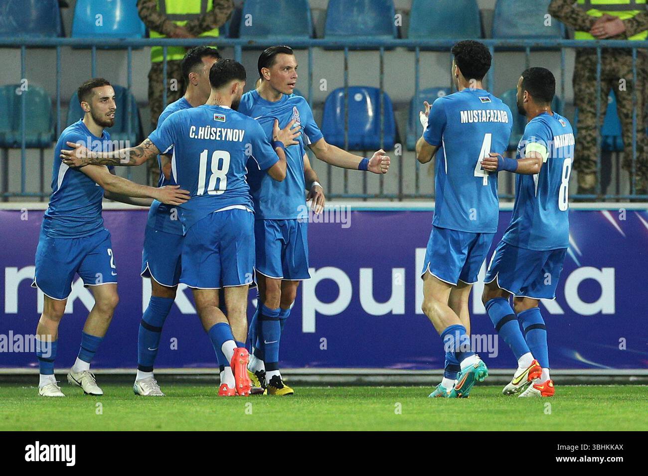 Azerbaijan's players celebrate their first goal against Hungary scored ...