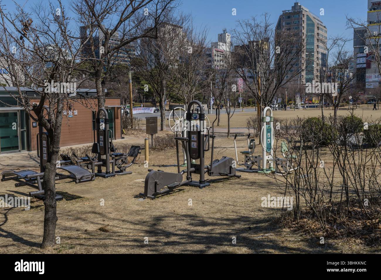 Daejeon, South Korea. March 16, 2020: Adult exercise equipment in front ...