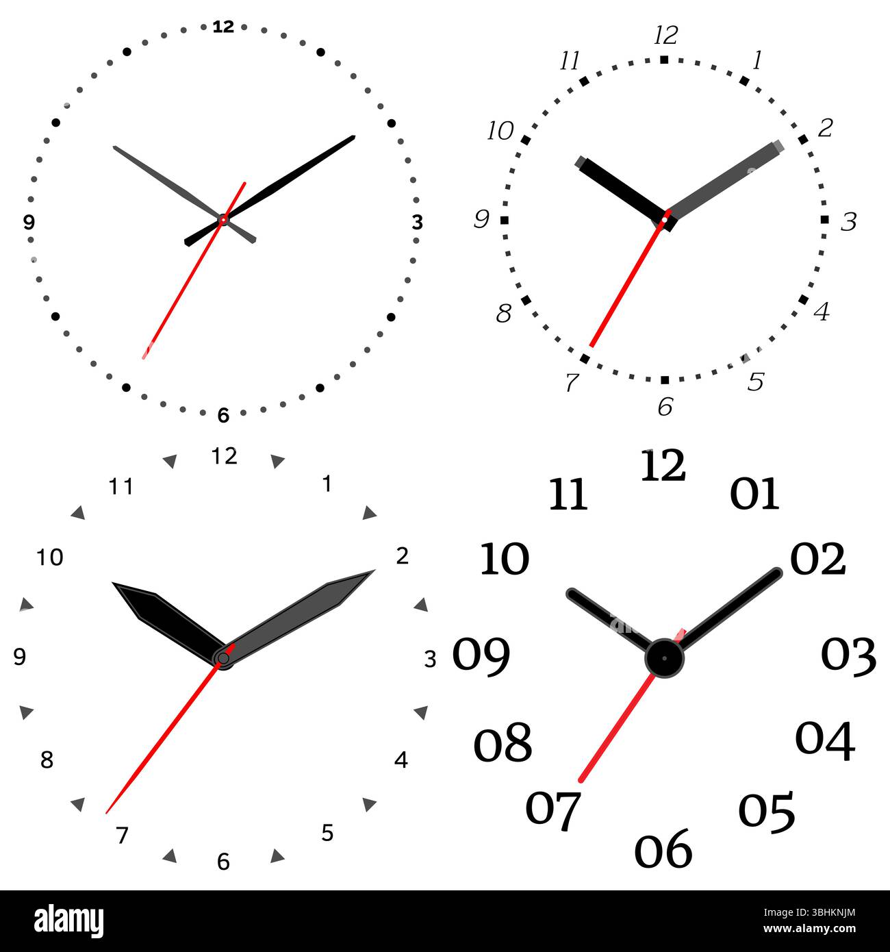 A set of four mechanical clocks. Clock face on white background Stock ...