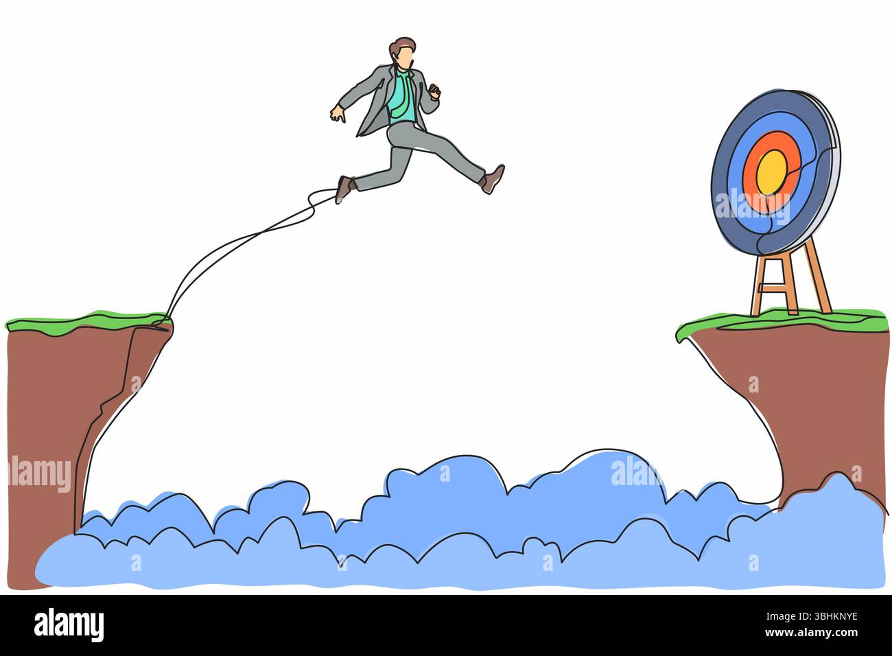 Single continuous line drawing businessman jumping over cliff to reach ...
