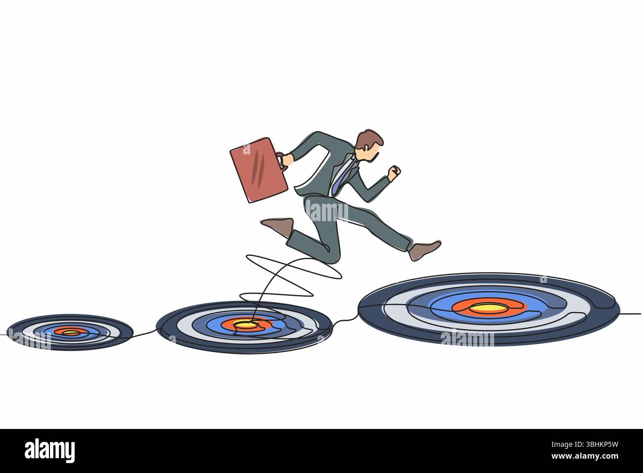 Single one line drawing businessman jumping on bigger target ...