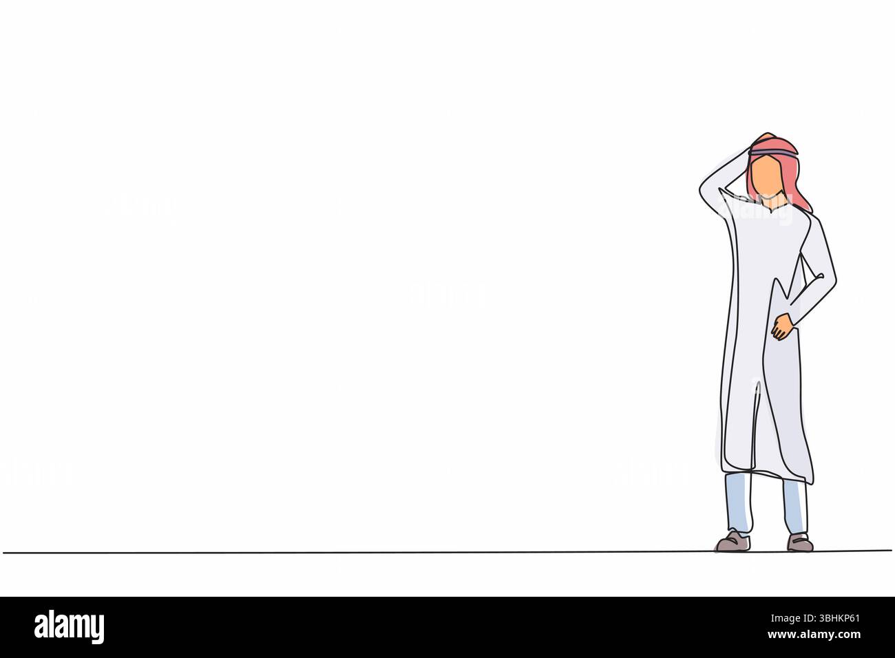 Single one line drawing Arabian businessman confused with hand on head ...