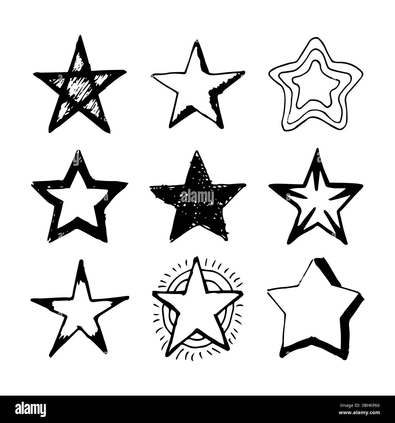 Doodle stars. Set of nine black hand drawn stars isolated on white ...
