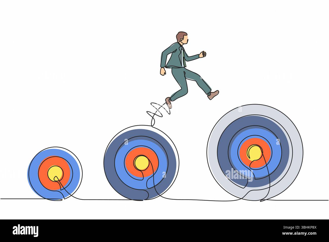 Continuous one line drawing businessman jumping up higher target career ...