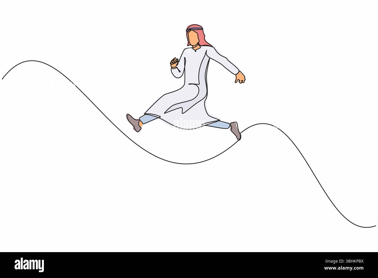 Single continuous line drawing Arabic businessman running fast. Late ...