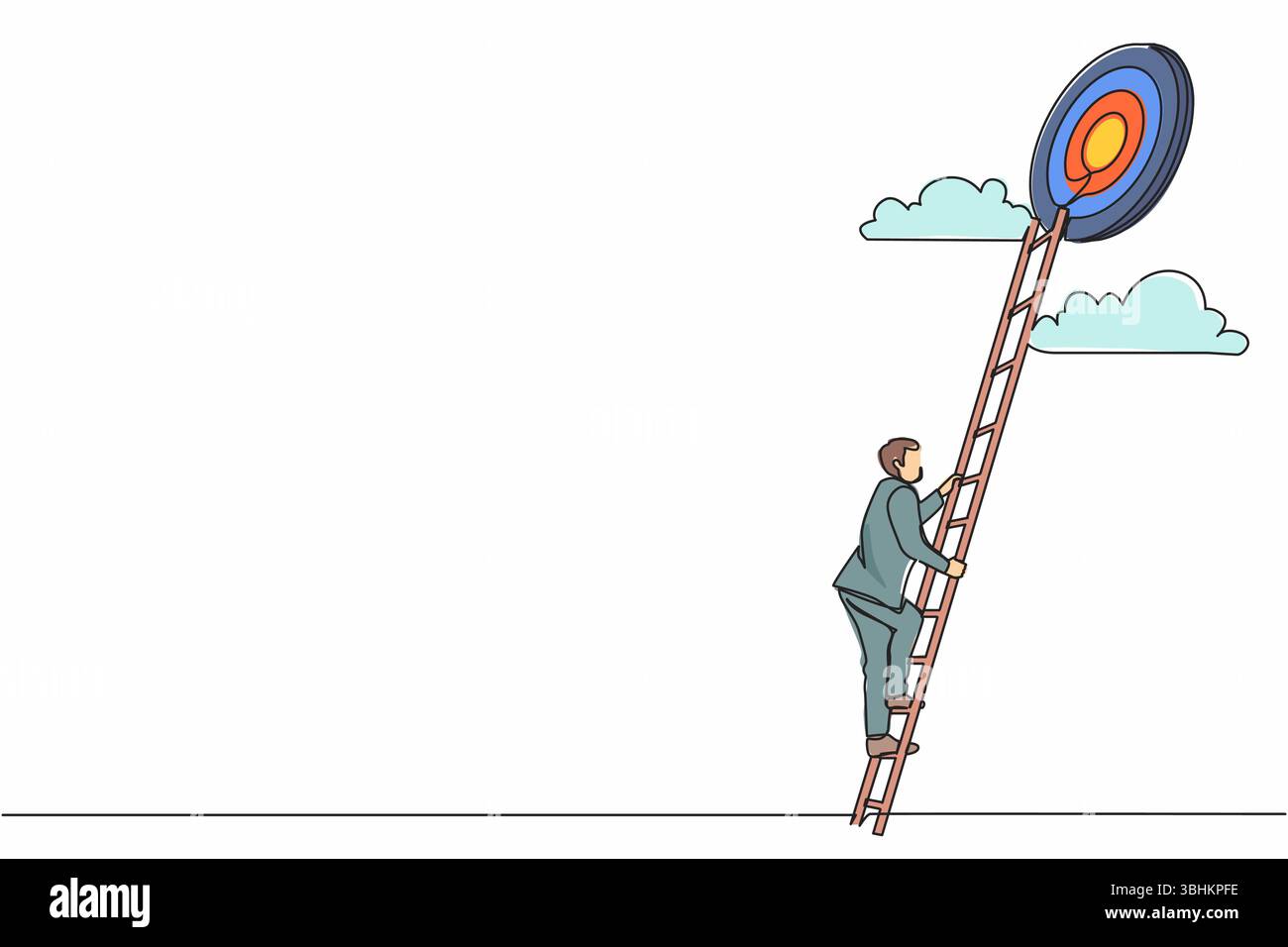 Single continuous line drawing stairs to goal. Businessman in suit ...