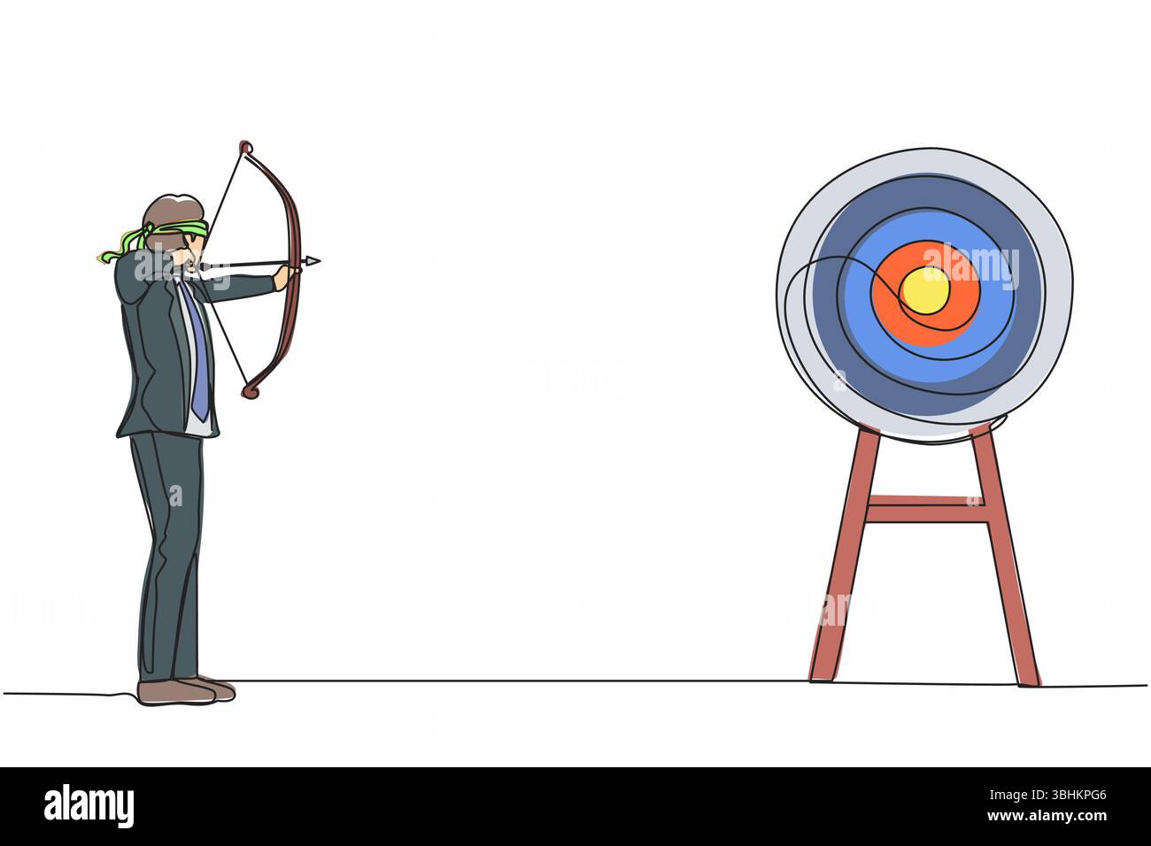 Single one line drawing businessman trying to shoot target with blindfold. Trying to achieve ...