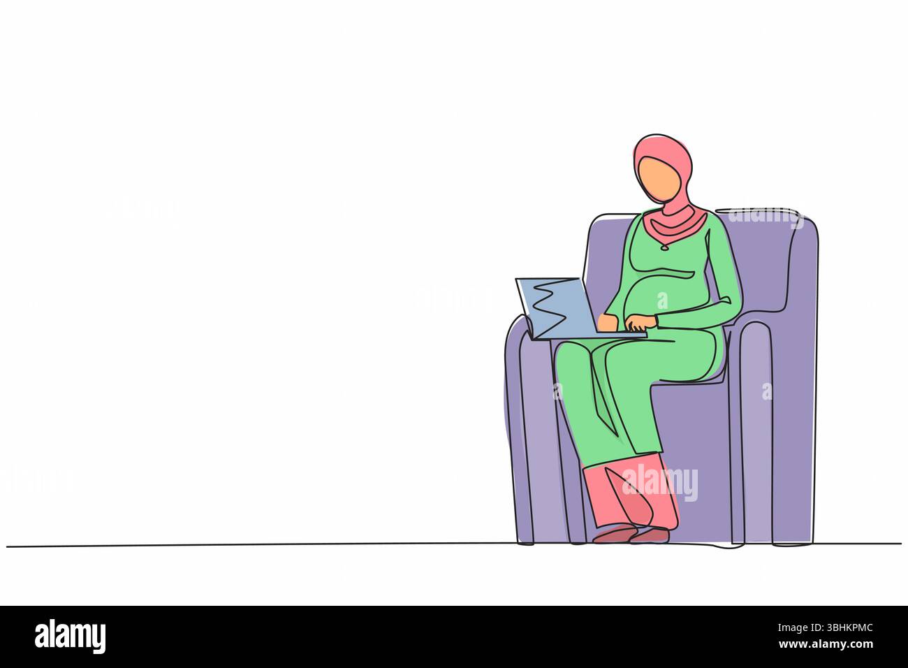 Continuous one line drawing healthy Arabian pregnant woman sitting on ...