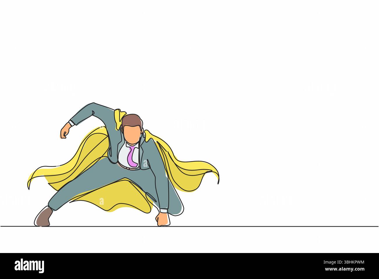 Continuous one line drawing young businessman with superhero mantle in ...