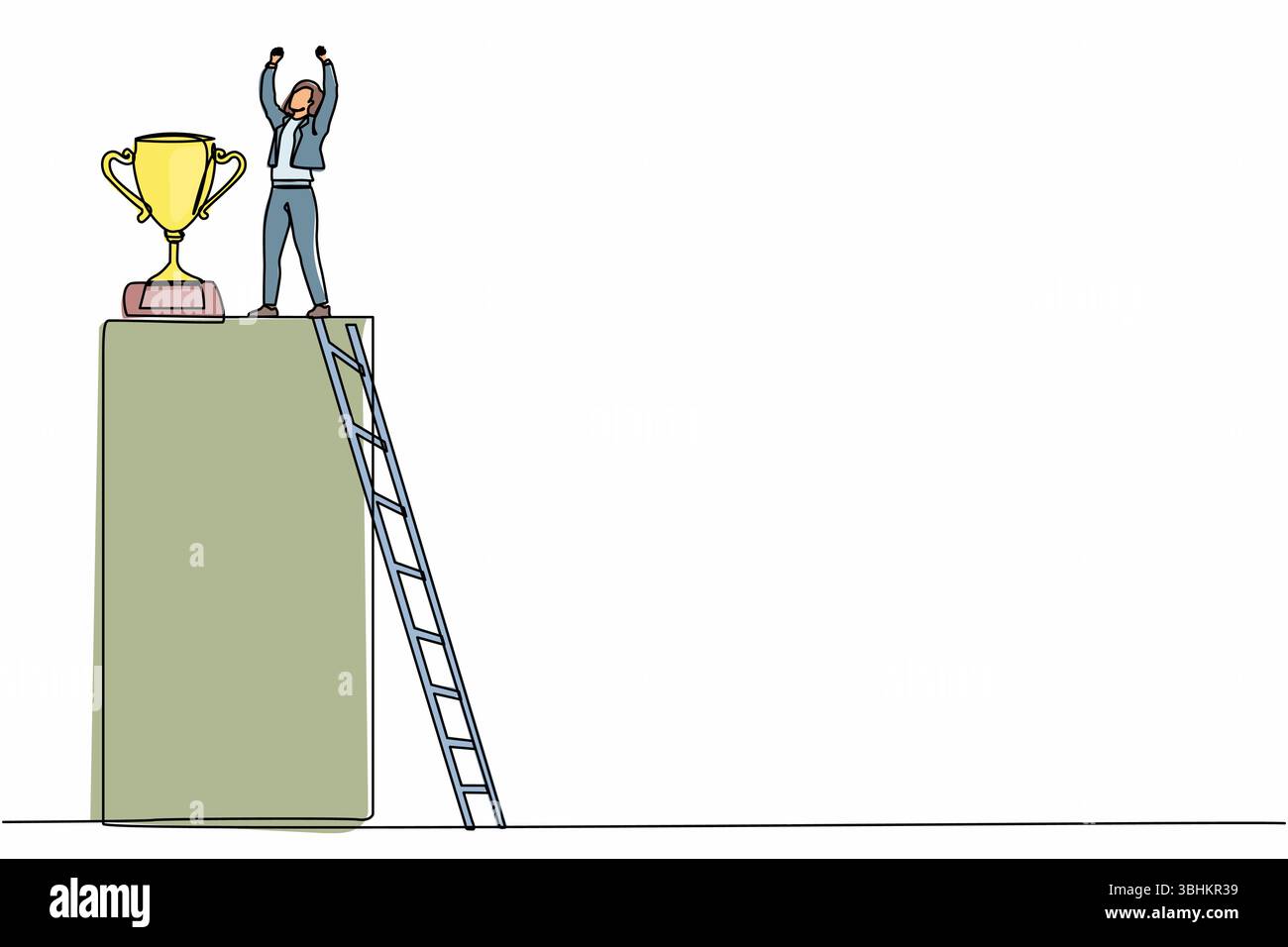 Single one line drawing businesswoman climb ladder to reach trophy and ...