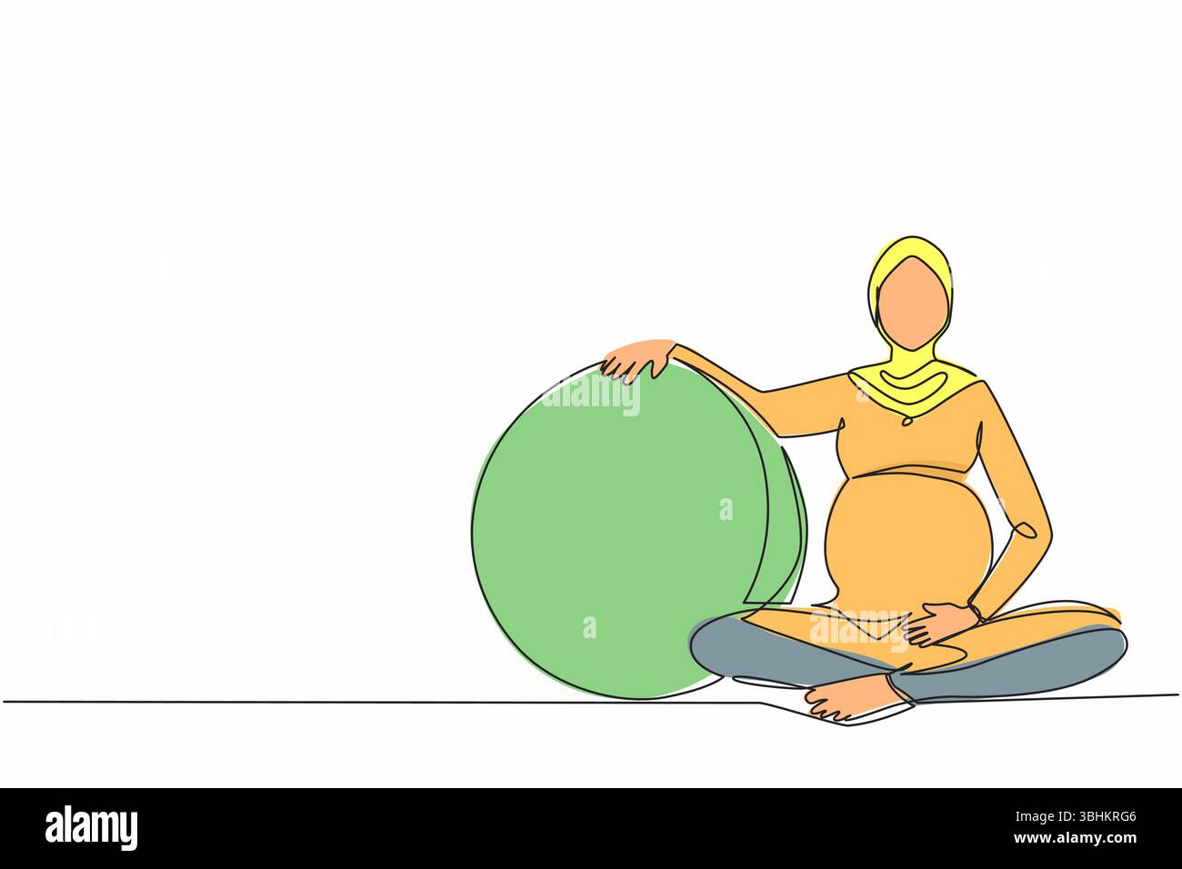 Single one line drawing beautiful Arabian pregnant woman exercising at ...